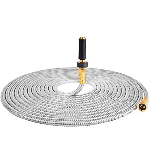 TOUCH-RICH 304 Stainless Steel Garden Hose, Lightweight Metal Hose with Free Nozzle, Guaranteed Flexible and Kink Free (50FT, Stainless)