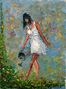 (sold) finally summer – girl watering her flowers by internationally renown painter andre dluhos