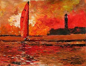 sold crimson sundown, seascape sunset painting by internationally renown painter andre dluhos