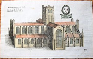 antique copperplate engraving: ‘bathoniensis ecclesiae cath. facies australis. the souty prospect of the church of bath.’