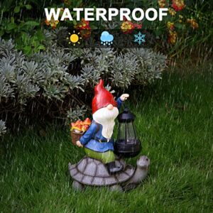 Gnome and Turtle Garden Decor, Large Outdoor Garden Sculptures & Statues, Outside Patio Yard Lawn Decorations, Housewarming for Women, Mom, Grandma with Solar Lantern