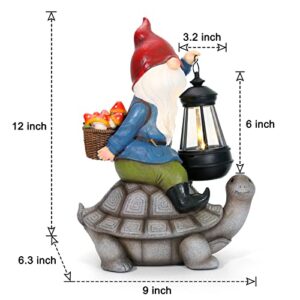 Gnome and Turtle Garden Decor, Large Outdoor Garden Sculptures & Statues, Outside Patio Yard Lawn Decorations, Housewarming for Women, Mom, Grandma with Solar Lantern