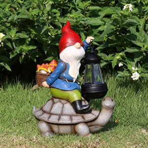 Gnome and Turtle Garden Decor, Large Outdoor Garden Sculptures & Statues, Outside Patio Yard Lawn Decorations, Housewarming for Women, Mom, Grandma with Solar Lantern