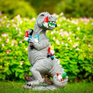 Himaweek Garden Statue Outdoor Decoration, Dinosaur Eating Gnomes Figurines, Indoor Outdoor Décor Garden Art for Patio Lawn Yard, 13.5” x 7.6” Housewarming Garden Gift