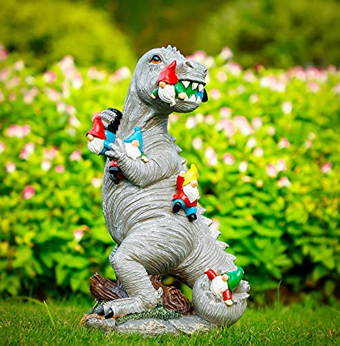 Himaweek Garden Statue Outdoor Decoration, Dinosaur Eating Gnomes Figurines, Indoor Outdoor Décor Garden Art for Patio Lawn Yard, 13.5” x 7.6” Housewarming Garden Gift