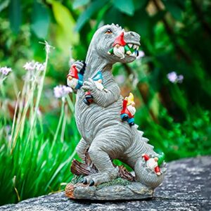 Himaweek Garden Statue Outdoor Decoration, Dinosaur Eating Gnomes Figurines, Indoor Outdoor Décor Garden Art for Patio Lawn Yard, 13.5” x 7.6” Housewarming Garden Gift