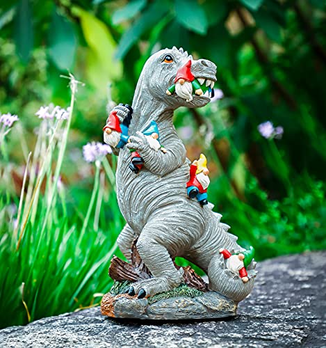 Himaweek Garden Statue Outdoor Decoration, Dinosaur Eating Gnomes Figurines, Indoor Outdoor Décor Garden Art for Patio Lawn Yard, 13.5” x 7.6” Housewarming Garden Gift