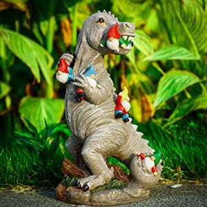 Himaweek Garden Statue Outdoor Decoration, Dinosaur Eating Gnomes Figurines, Indoor Outdoor Décor Garden Art for Patio Lawn Yard, 13.5” x 7.6” Housewarming Garden Gift