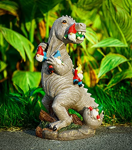 Himaweek Garden Statue Outdoor Decoration, Dinosaur Eating Gnomes Figurines, Indoor Outdoor Décor Garden Art for Patio Lawn Yard, 13.5” x 7.6” Housewarming Garden Gift