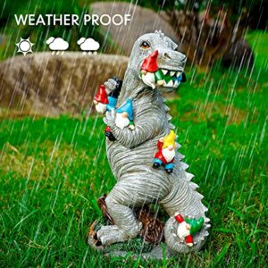 Himaweek Garden Statue Outdoor Decoration, Dinosaur Eating Gnomes Figurines, Indoor Outdoor Décor Garden Art for Patio Lawn Yard, 13.5” x 7.6” Housewarming Garden Gift