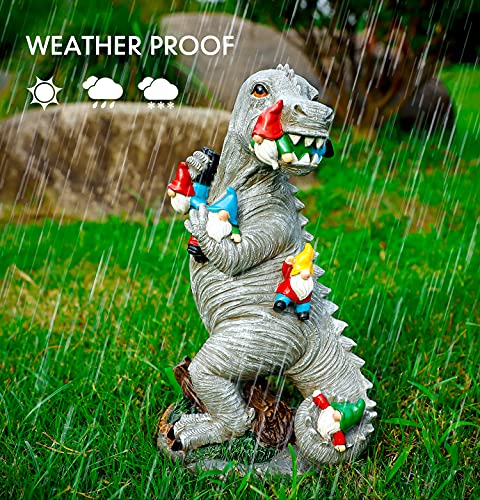 Himaweek Garden Statue Outdoor Decoration, Dinosaur Eating Gnomes Figurines, Indoor Outdoor Décor Garden Art for Patio Lawn Yard, 13.5” x 7.6” Housewarming Garden Gift