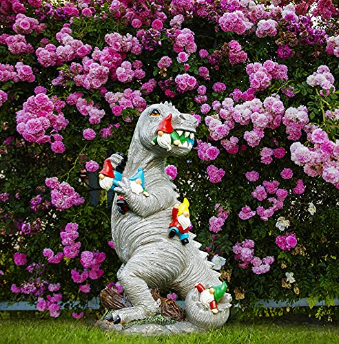 Himaweek Garden Statue Outdoor Decoration, Dinosaur Eating Gnomes Figurines, Indoor Outdoor Décor Garden Art for Patio Lawn Yard, 13.5” x 7.6” Housewarming Garden Gift