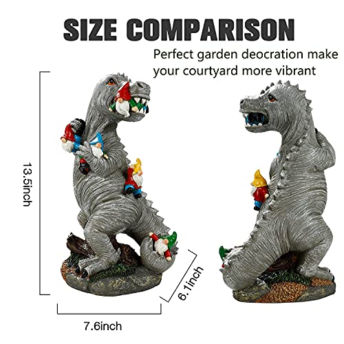 Himaweek Garden Statue Outdoor Decoration, Dinosaur Eating Gnomes Figurines, Indoor Outdoor Décor Garden Art for Patio Lawn Yard, 13.5” x 7.6” Housewarming Garden Gift