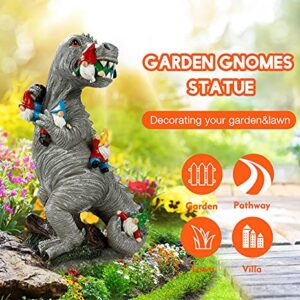 Himaweek Garden Statue Outdoor Decoration, Dinosaur Eating Gnomes Figurines, Indoor Outdoor Décor Garden Art for Patio Lawn Yard, 13.5” x 7.6” Housewarming Garden Gift