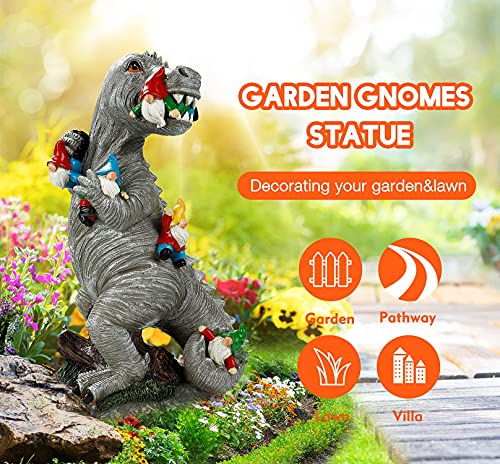 Himaweek Garden Statue Outdoor Decoration, Dinosaur Eating Gnomes Figurines, Indoor Outdoor Décor Garden Art for Patio Lawn Yard, 13.5” x 7.6” Housewarming Garden Gift