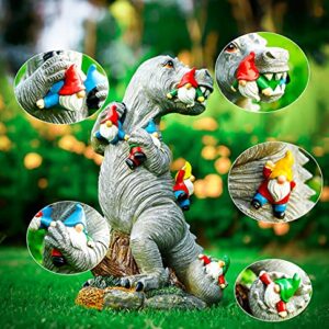 Himaweek Garden Statue Outdoor Decoration, Dinosaur Eating Gnomes Figurines, Indoor Outdoor Décor Garden Art for Patio Lawn Yard, 13.5” x 7.6” Housewarming Garden Gift