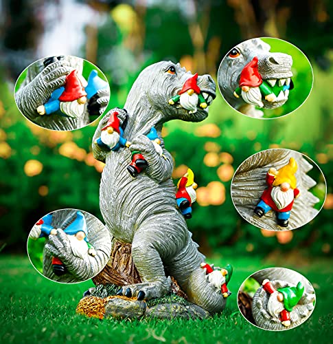 Himaweek Garden Statue Outdoor Decoration, Dinosaur Eating Gnomes Figurines, Indoor Outdoor Décor Garden Art for Patio Lawn Yard, 13.5” x 7.6” Housewarming Garden Gift