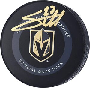 shea theodore vegas golden knights autographed 2019 model official game puck – autographed nhl pucks