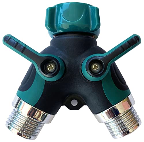 2 Way Hose Splitter for Garden - Super Durable, Rust Resistant Metal Body, Dual Valve Outdoor Spigot - Modern Water Hose Splitter - Y-Shaped Garden Hose Connector