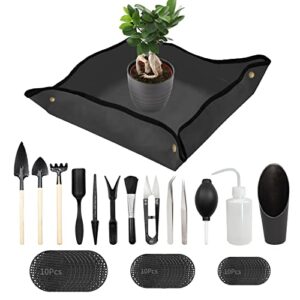 flmoutn foldable plant repotting mat, gardening mat with 13pcs mini garden tools set and 30pcs pot hole mesh pads, succulent tool set for indoor miniature fairy garden plant care