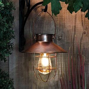 pearlstar solar lantern outdoor hanging light metal farmhouse solar lamp with warm white edison bulb design for garden yard patio porch decor (brushed copper)