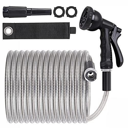 AMLEGEN Metal Water Garden Hose 25ft - Heavy Duty Stainless Steel, 8-Function Sprayer & Adjustable Nozzle, Lightweight & Flexible, Tangle Free & Kink Free, Dog Proof, for Lawn/Yard/Outdoor/RV