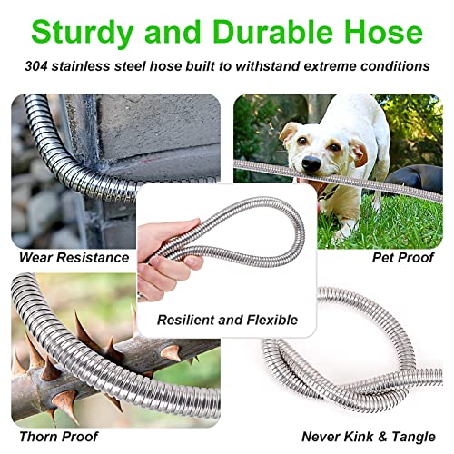 AMLEGEN Metal Water Garden Hose 25ft - Heavy Duty Stainless Steel, 8-Function Sprayer & Adjustable Nozzle, Lightweight & Flexible, Tangle Free & Kink Free, Dog Proof, for Lawn/Yard/Outdoor/RV