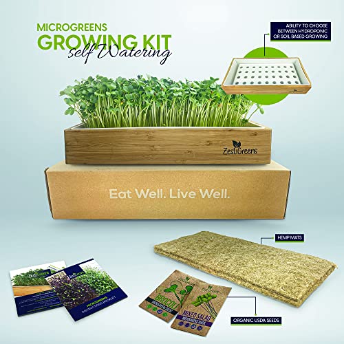 Microgreens Growing Kit Self Watering - Includes Microgreens Tray, Microgreens Seeds, Mats and Bamboo Surround. No Soil Needed. Easy to Set up. Sprouting Kit that water once. Guaranteed to Grow.