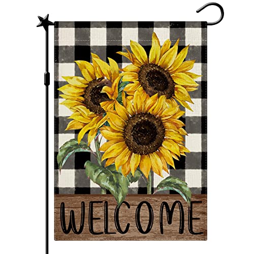 CMEGKE Sunflower Garden Flag, Buffalo Floral Welcome Garden Flag, Spring Summer Garden Flag Vertical Double Sided Burlap Party Holiday Yard Home Farmhouse Outside Decor 12.5 x 18 In B