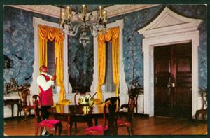 lighting candles in supper room governor’s palace chinese rice wallpaper colonial williamsburg postcard