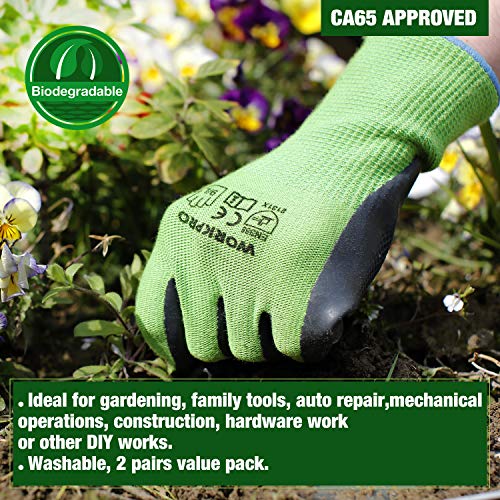 WORKPRO 2 Pairs Garden Gloves, Working Gloves with Eco Latex Palm Coated, Works Gloves with Touchscreen for Weeding, Digging, Raking and Pruning(L)