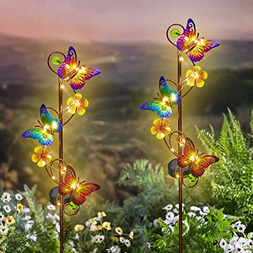 Solar Garden Lights Butterfly Garden Decor Outdoor Waterproof Metal Butterfly Decorative Solar Stake Lights for Yard,Lawn,Patio,Walkway,2 Pack Butterfly Gifts for for Women Mom Grandma Gardening