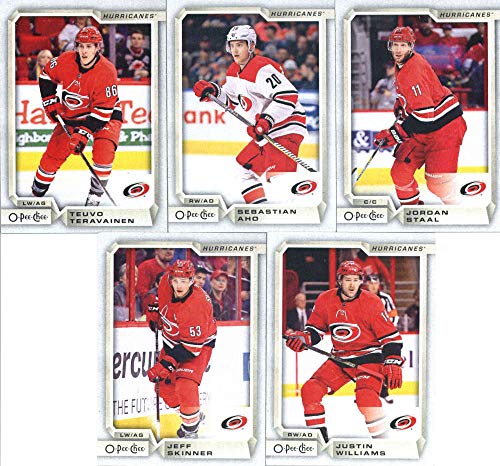 2018-19 O-Pee-Chee Hockey Carolina Hurricanes Team Set of 14 Cards: Jeff Skinner(#18), Justin Williams(#44), Teuvo Teravainen(#75), Sebastian Aho(#116), Jordan Staal(#153), Elias Lindholm(#186), Victor Rask(#228), Justin Faulk(#295), Derek Ryan(#320), Noa