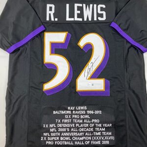 Autographed/Signed Ray Lewis Baltimore Black Stat Football Jersey Beckett BAS COA