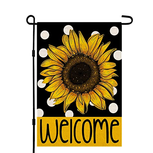 CROWNED BEAUTY Summer Garden Flag Sunflower 12x18 Inch Small Double Sided for Outside Black Polka Dots Welcome Yard Flag