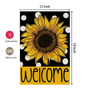 CROWNED BEAUTY Summer Garden Flag Sunflower 12x18 Inch Small Double Sided for Outside Black Polka Dots Welcome Yard Flag