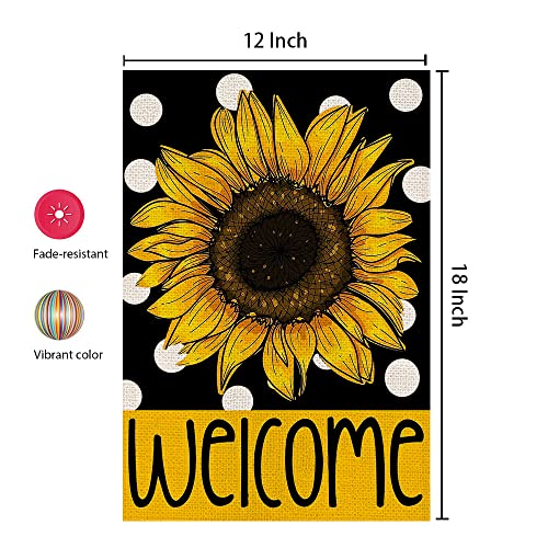 CROWNED BEAUTY Summer Garden Flag Sunflower 12x18 Inch Small Double Sided for Outside Black Polka Dots Welcome Yard Flag