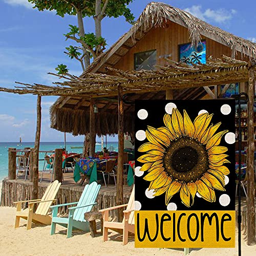 CROWNED BEAUTY Summer Garden Flag Sunflower 12x18 Inch Small Double Sided for Outside Black Polka Dots Welcome Yard Flag