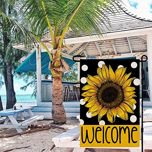 CROWNED BEAUTY Summer Garden Flag Sunflower 12x18 Inch Small Double Sided for Outside Black Polka Dots Welcome Yard Flag