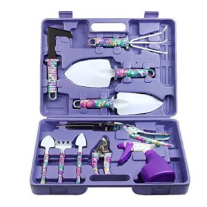 garden tools set, jumphigh 10 pieces gardening tools with purple floral print, ergonomic handle trowel rake weeder pruner shears sprayer, garden hand tools with carrying case gardening gifts for women