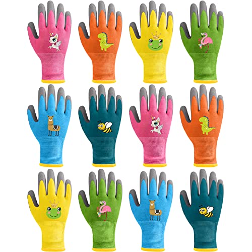 HIYZI 12 Pairs Kids Garden Gloves Work Glove Rubber Coated Gardening Gloves for Children Toddlers Boys Girls Yard (Medium (Age 6-8))