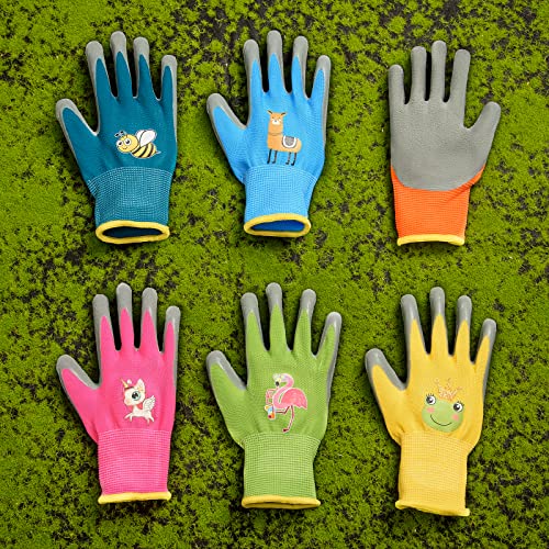 HIYZI 12 Pairs Kids Garden Gloves Work Glove Rubber Coated Gardening Gloves for Children Toddlers Boys Girls Yard (Medium (Age 6-8))