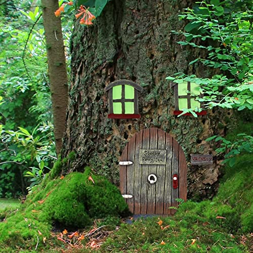 Cornucopia Fairy Garden Door and Windows Set (4-Piece Set); for Trees, Yard Art, Ornaments, and Sculptures