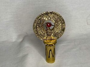 indy staff of ra headpiece, antique gold, red jewel and stand