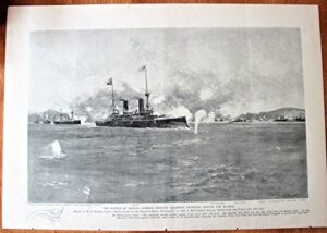 antique prints: set of three battleships. 1. with the north atlanitc squadron in cuban waters. 2. the battle of manila. 3. warships off the coast near santiago de cuba