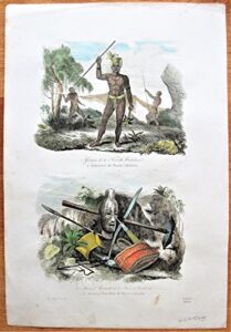 antique copperplate engraving: a warrior of new caledonia and war tools