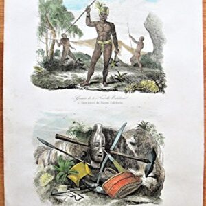 Antique Copperplate Engraving: A Warrior of New Caledonia and War Tools