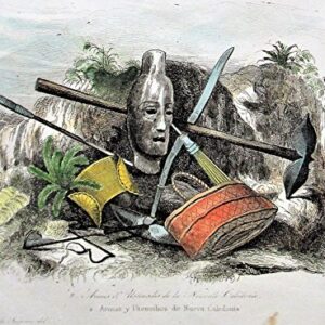 Antique Copperplate Engraving: A Warrior of New Caledonia and War Tools