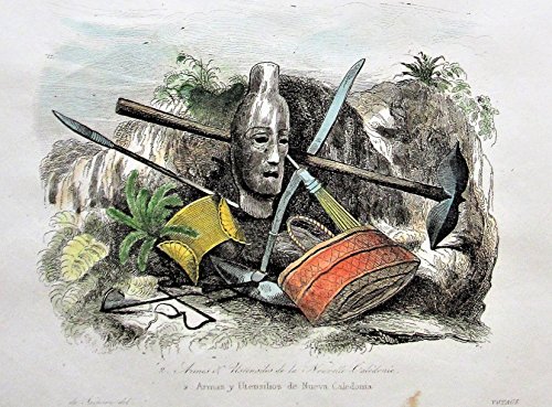 Antique Copperplate Engraving: A Warrior of New Caledonia and War Tools