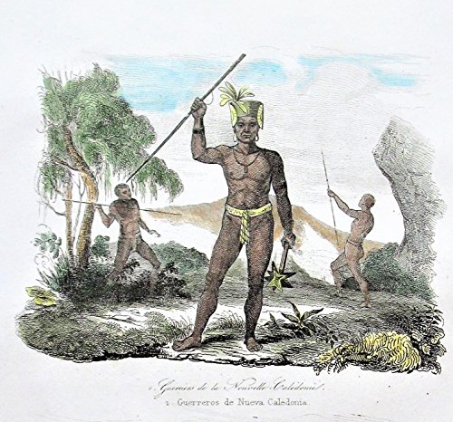 Antique Copperplate Engraving: A Warrior of New Caledonia and War Tools